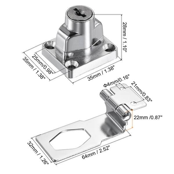 2 Pcs 3" Keyed Different Hasp Lock 90 Degree Chrome Plated Twist Knob ...