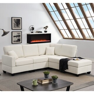 L Shaped Beige Couch Sectional Sofa with Ottoman & 2 Pillows - Bed Bath ...