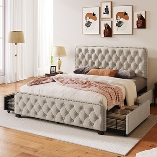 Elegant Queen Size Beige Bed Frame with Tufted Headboard and 4 Storage ...
