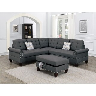 Poundex 3 Piece Fabric Sectional Sofa Set with Storage Ottoman - Bed ...