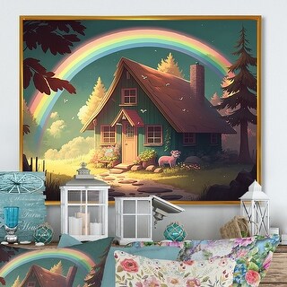Designart "Cozy Country Cottage Under The Rainbow I" Lake House Cottage ...