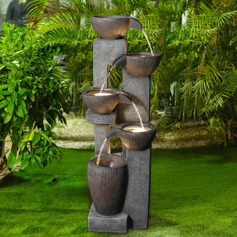 5-Tier Outdoor Water Fountain w/LED Lights Waterfall Feature for Home ...