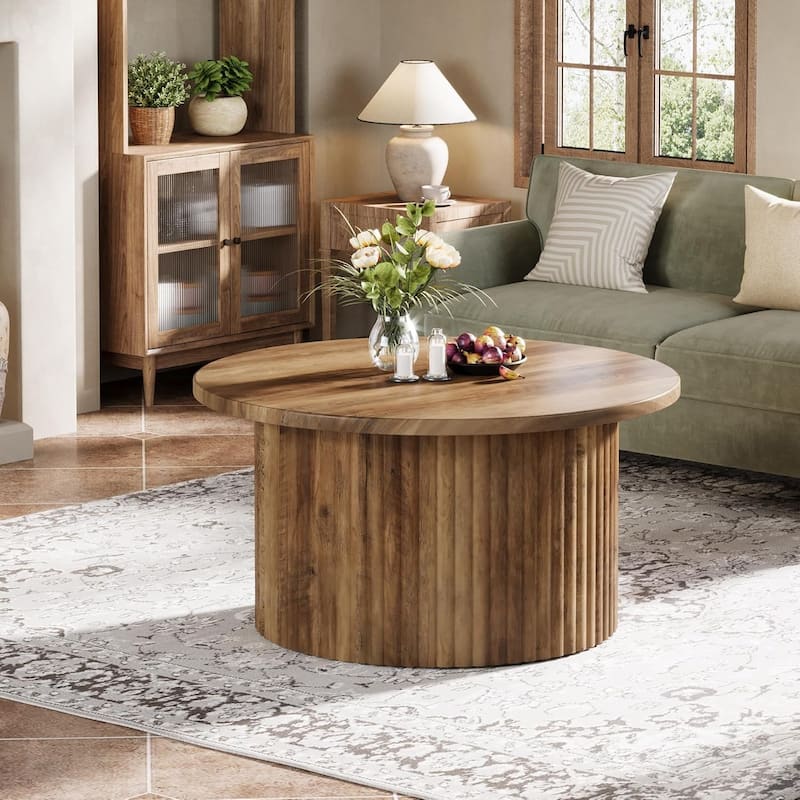 31.5" Farmhouse Round Coffee Table, Circle Center Table with Fluted ...