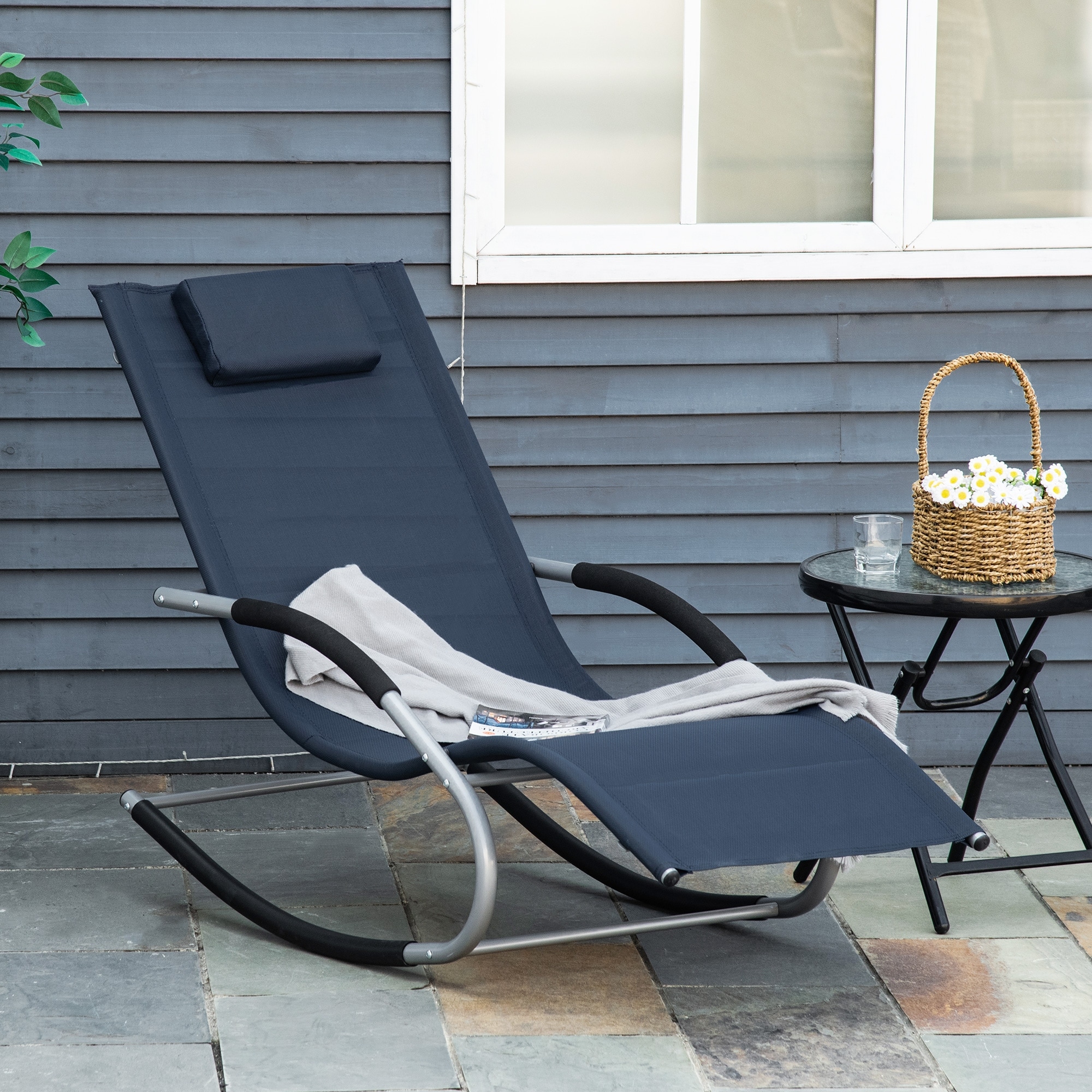Outsunny Zero Gravity Rocking Chair Outdoor Chaise Lounge Chair Recliner Rocker Navy Blue