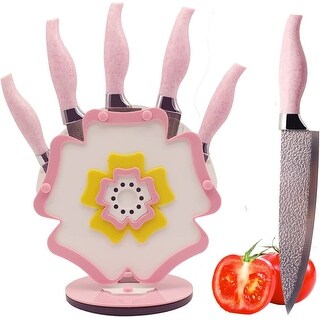 7-Pieces Pink Kitchen Knife Set with Flower Acrylic Knives Holder - Bed ...