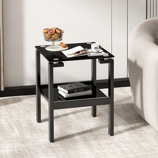 Black Tempered Glass End Table with 2 layer, Small Side Table for ...