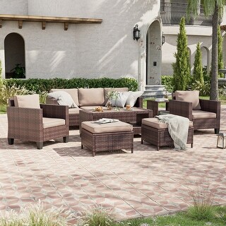 LIVOOSUN Outdoor 7Pcs Furniture Conversation Brown Rattan Sofa Set w/2 ...