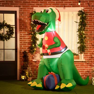 HOMCOM 6ft Christmas Inflatables Decorations Dinosaur with Christmas ...