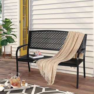 Garden Bench 50 Inch Cast Iron Steel Frame Grid Design Backrest, Black ...