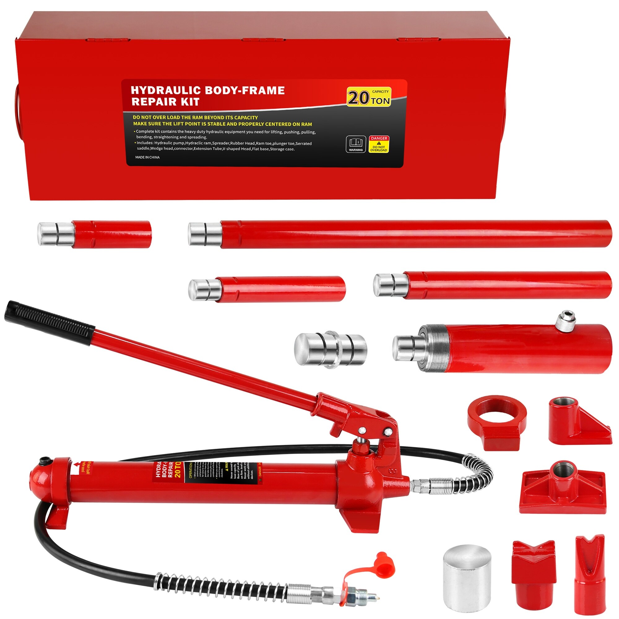 Porta Power Kit Portable Hydraulic Jack with Oil Hose Auto Body Frame Repair Kit with Storage Case Red 4 Ton