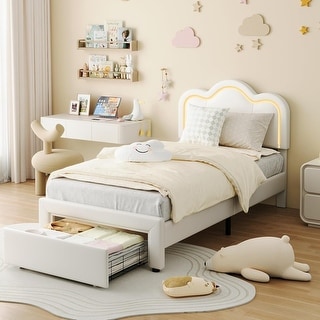 Bed Frame with Drawer, Upholstered Adjustable Headboard & Smart LED, PU ...
