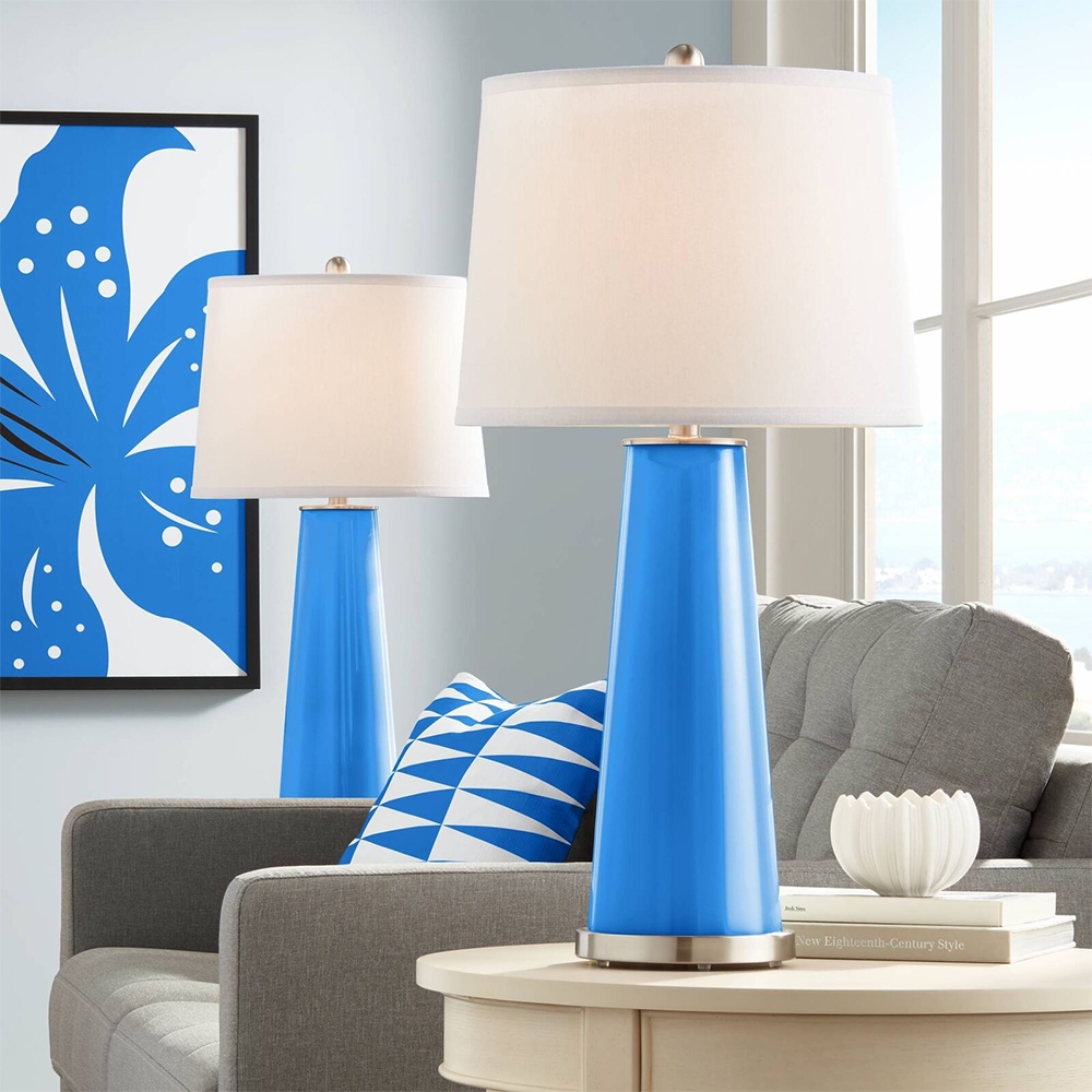Modern Table Lamps 29 1 2 Tall Set of 2 Royal Blue Glass for Bedroom 15 x 28