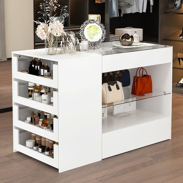 Dressing Island with Glass Shelves Spacious White Organizer Closet - 47 ...