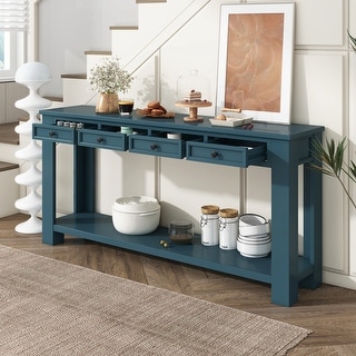 4 Drawers Console Table Dark Blue Wood Sofa Table with Storage Shelf ...