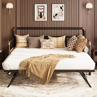 Daybed with Pop Up Trundle, Metal Bed Frame with Steel Slat Support ...