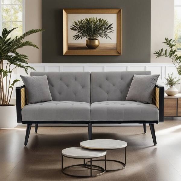 Modern 2-Seat Velvet Sofa, Rattan Arm Loveseat with Split Back Fold ...
