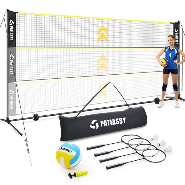 Patiassy 5.1ft 7.4ft Adjustable Height Volleyball Badminton Net Set 17ft Portable Sports Net with Poles Black