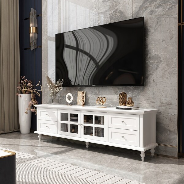Modern White TV Stand w Glass Doors and Drawers Entertainment Console 70.9 On Sale Bed Bath Beyond 37909331