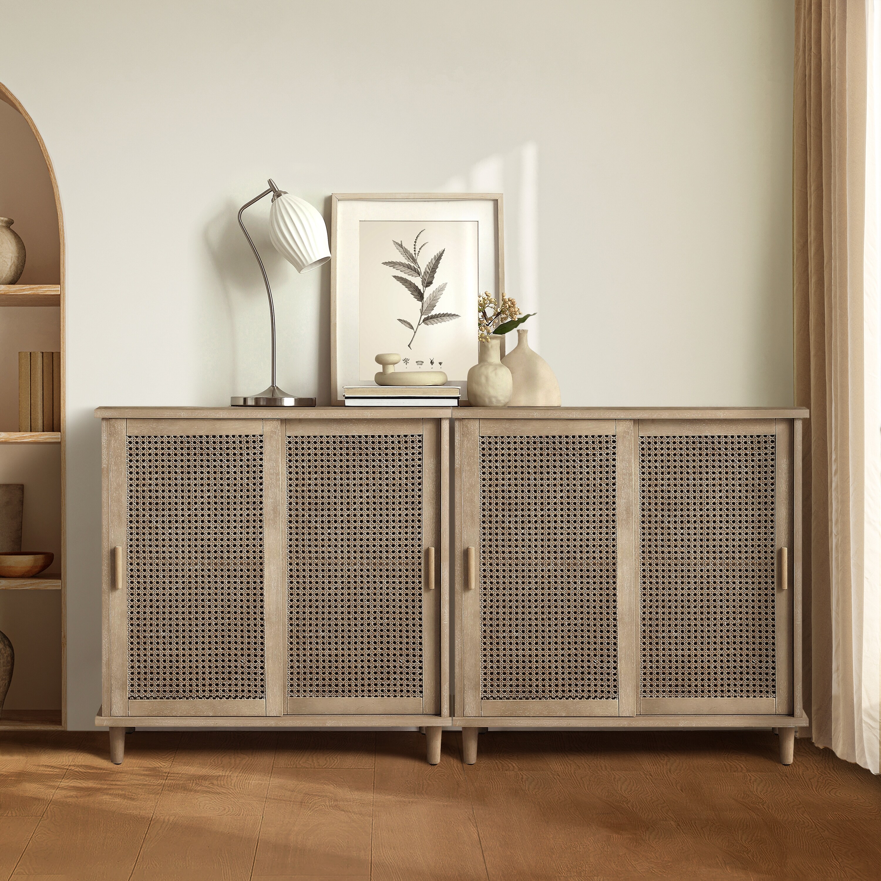 Art Leon Accent Natural Cane Rattan Sideboard Buffet Storage Cabinet Set of 2