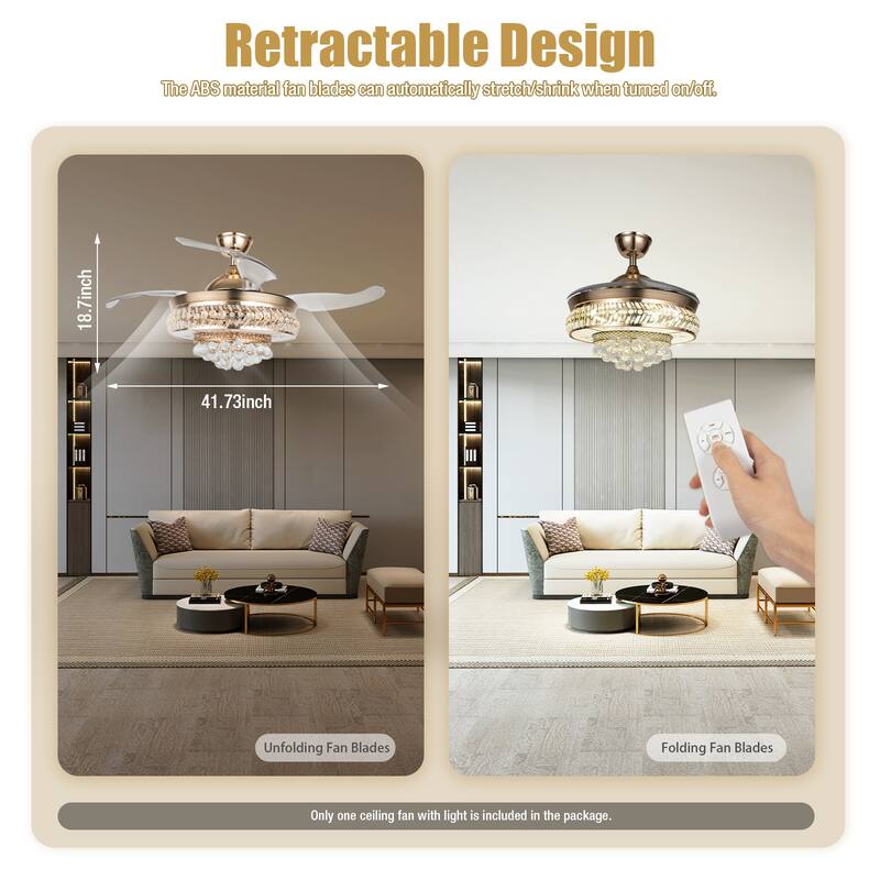 42In LED Crystal Gold Ceiling Fan Retractable Blades - Overstock - 36009502