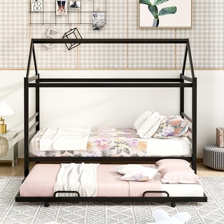 Twin Size Openwork Tubular Metal House Platform Bed Frame with Trundle ...