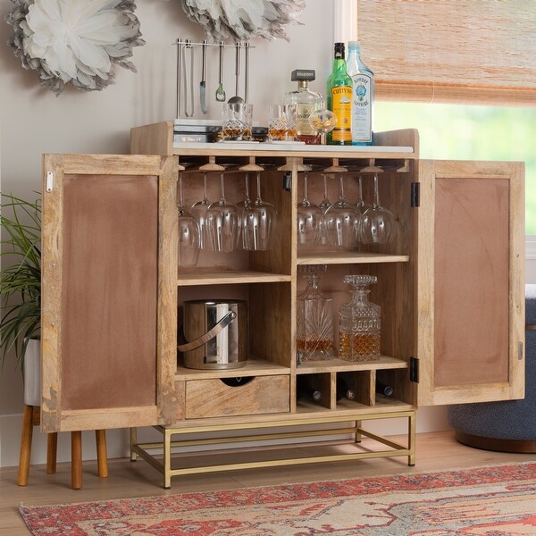 Linon Home Decor Spence Wooden Bar Cabinet with Marble Top Natural