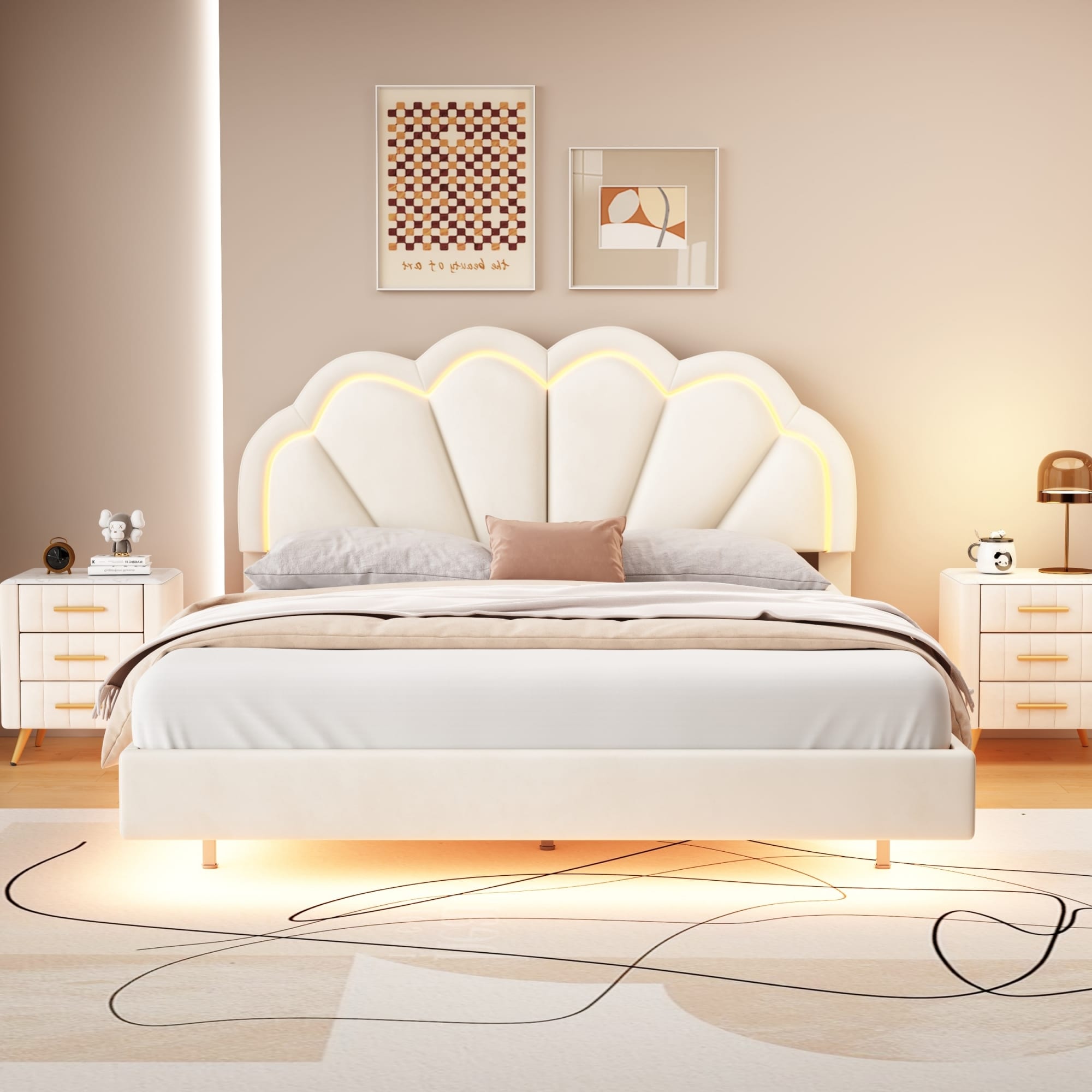 Queen Upholstered Smart LED Bed Frame with Elegant Flowers Headboard ...