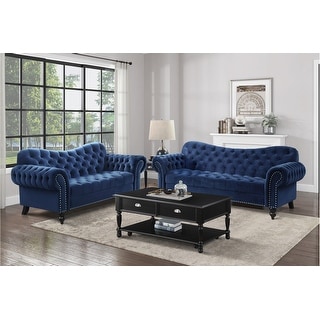 Emilio Blue Velvet Tufted Living Room Set - Bed Bath & Beyond - 39184404