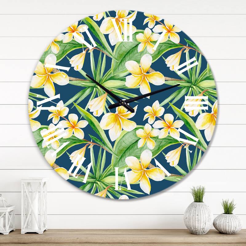 Designart 'Tropical Foliage and Yellow Flowers VIII' Modern wall clock ...