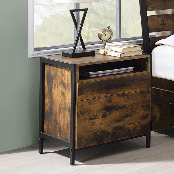 2 Drawers Wooden and Metal Nightstand in Rustic Oak and Black Bed Bath Beyond 42210606