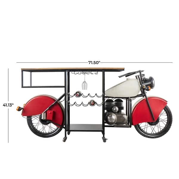 Red Metal Vintage Style 10 Bottle Motorcycle Bar with Wood Bar Top and ...