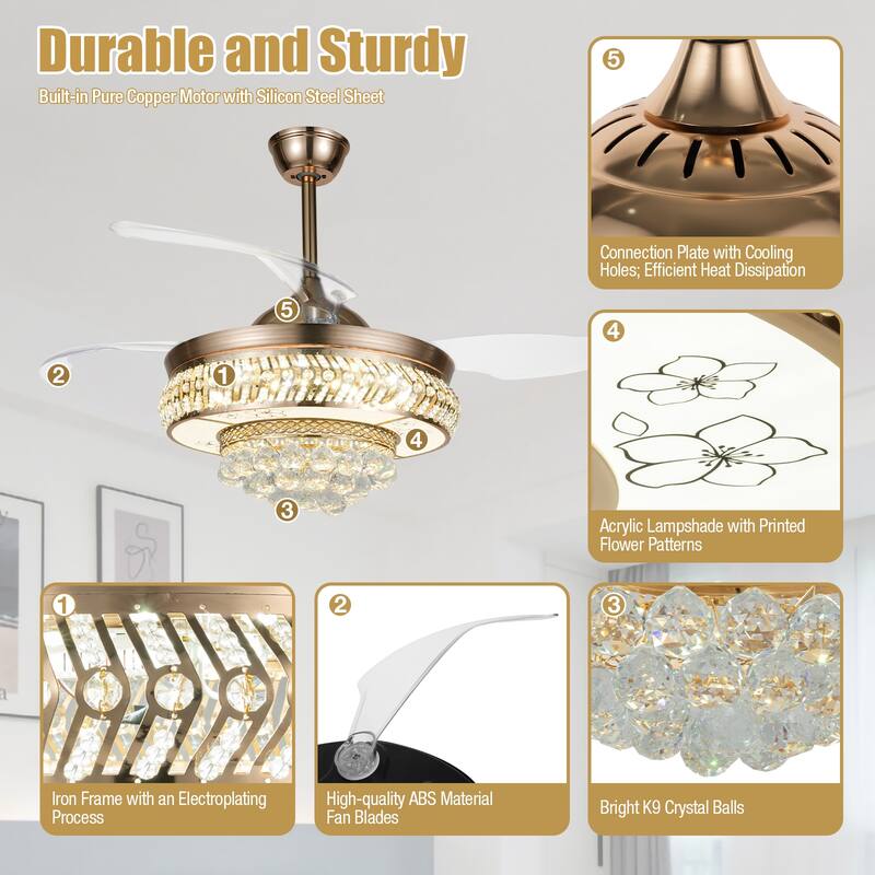 42In LED Crystal Gold Ceiling Fan Retractable Blades - Overstock - 36009502