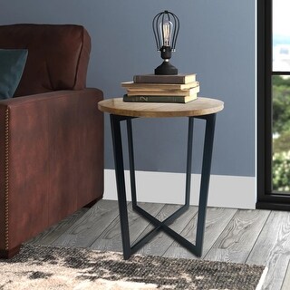 22" Natrual Wood and Black Geo Round End Table - 22" x 17" x 17" - Bed ...