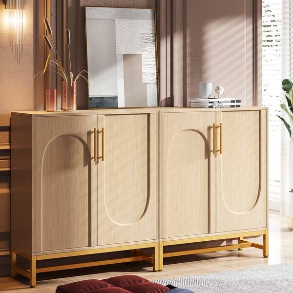 Sideboard Buffet Cabinet, White Gold Buffets with 4 Doors, Side Storage ...