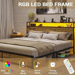 LED King Bed Frame USB Ports & Outlets Modern Metal Platform Bed Frame ...