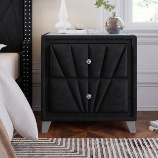 Contemporary Velvet Upholstered Glass Top Nightstand with Two Drawers ...