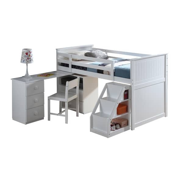 Functional White Loft Bed with Desk, Ladder, and Space-Saving Storage ...