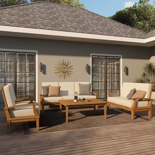 Teak Wood Traditional Outdoor Seating Set with Off-White Cushions (Set ...