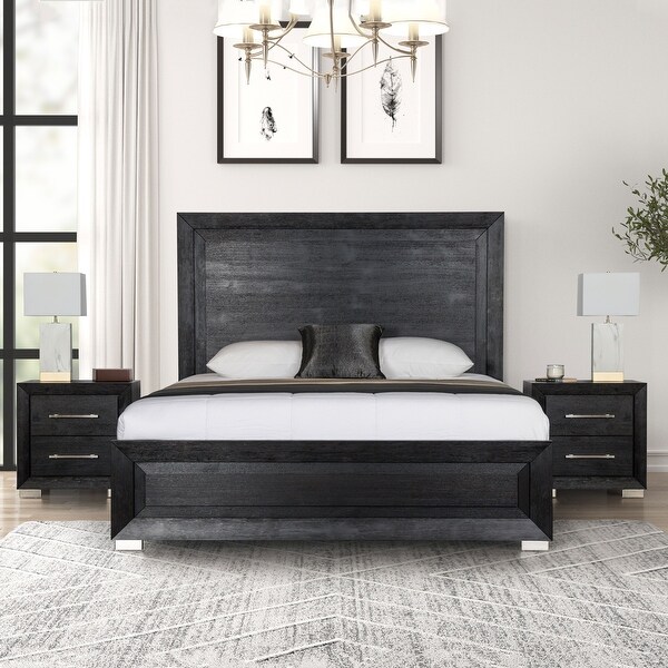 Furniture of America Alaric Modern Black Solid Wood 3 Piece Bed and 2 Nightstand Bedroom Set with LED Headboard