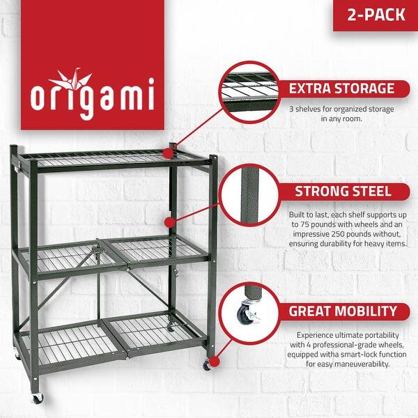 Origami R3 Foldable 3-Tiered Shelf Storage Rack & Wheels, Pewter (2 ...