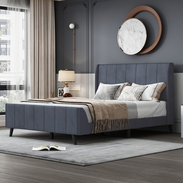 Full Size Platform Bed with Velvet Panel Bed Frame Tufted Headboard Upholstered Bed No Box Spring Needed Easy Assembly Gray