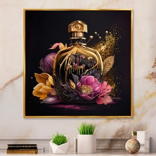 Designart "Chic Black And Gold Perfume Bottle III" Fashion Framed Canvas Art Print - Bed Bath ...