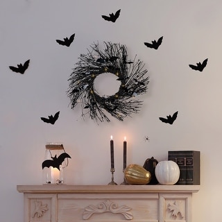 Lighted Halloween Twig Wreath with Bats - Warm White LED Lights - 22 ...