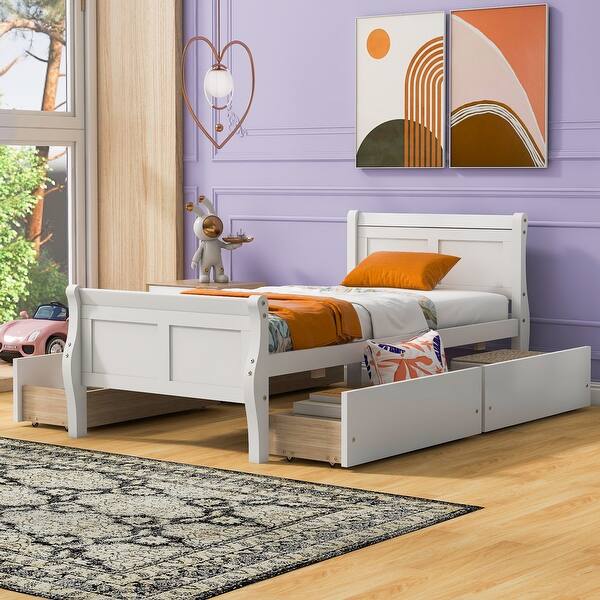 White Twin Size Solid Wood Platform Bed, 4 Drawers, Streamlined Design ...