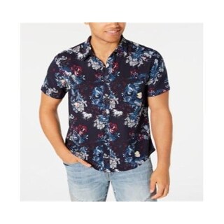 Guess Men's Floral Print Collared Guardian Button Down Shirt Black XX ...