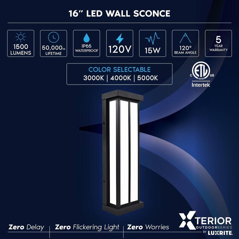 Luxrite LED Outdoor Wall Sconce, 16in Outdoor Wall Light, Black ...