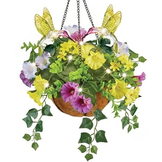 Solar Lighted Artificial Floral Hanging Basket with Hummingbirds - 13 x ...