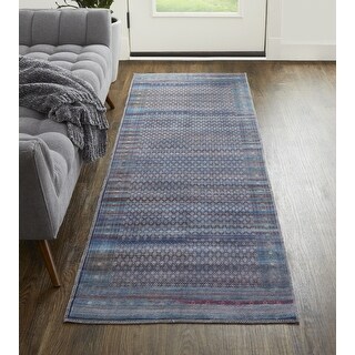 8' Tan Blue And Pink Striped Power Loom Runner Rug - 3'6" - Bed Bath ...