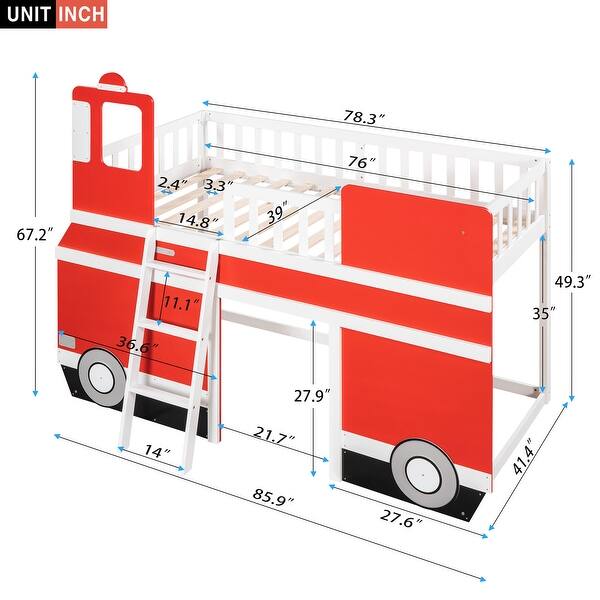 Twin Size Bus Shaped Loft Bed with Underbed Storage and Fence Shaped ...