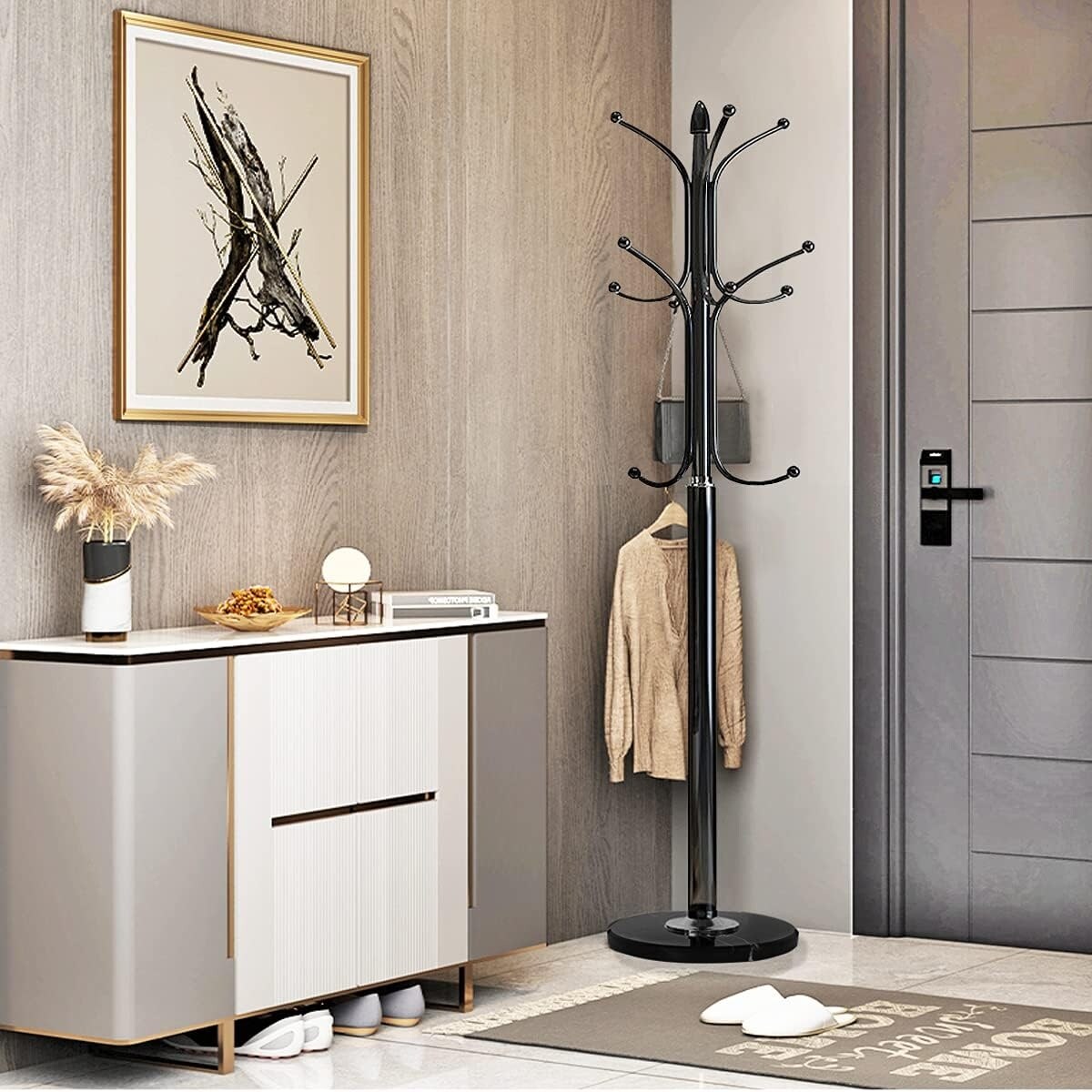 Metal Coat Rack Stand with Natural Marble Base Free Standing Hall Tree with 12 Hooks